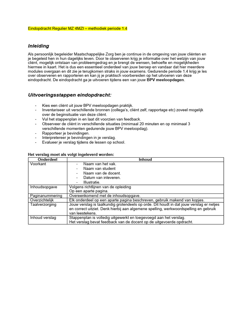 Eindopdracht - Observeren en Rapporteren Met Beoordelingsformulier ...