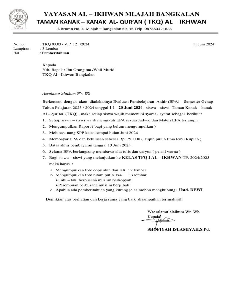 Pemberitahuan EPA TKQ Al-Ikhwan 2024 | PDF