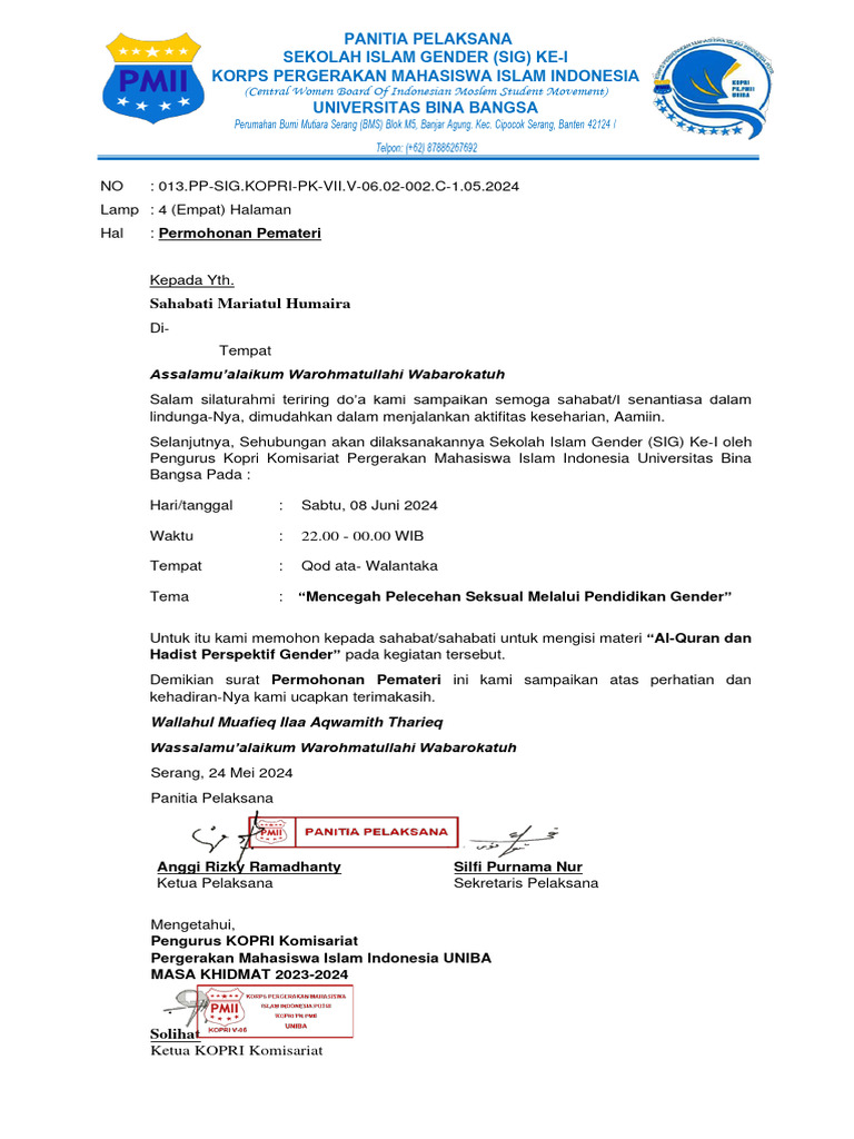 SURAT UNDANGAN PEMATERI PMII | PDF