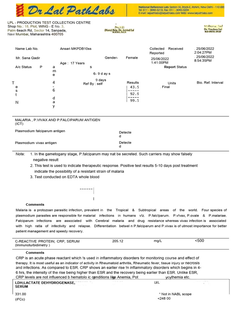 Lal Report 1549656 | PDF | Malaria | Plasmodium Falciparum