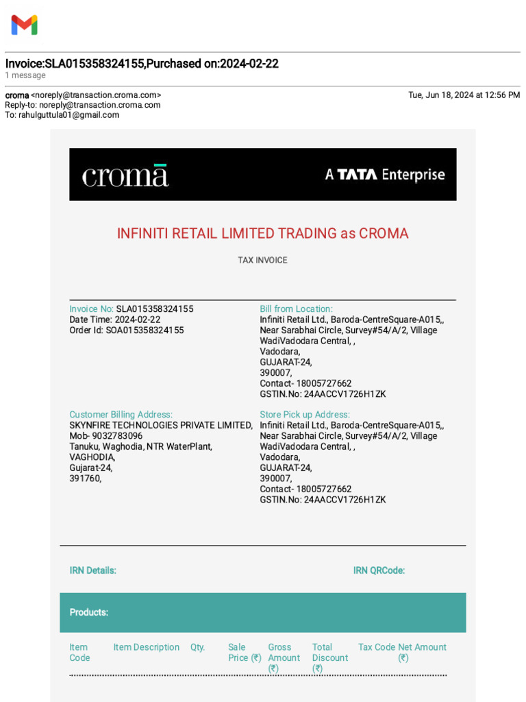 Gmail - Invoice - SLA015358324155, Purchased On - 2024-02-22 | PDF ...