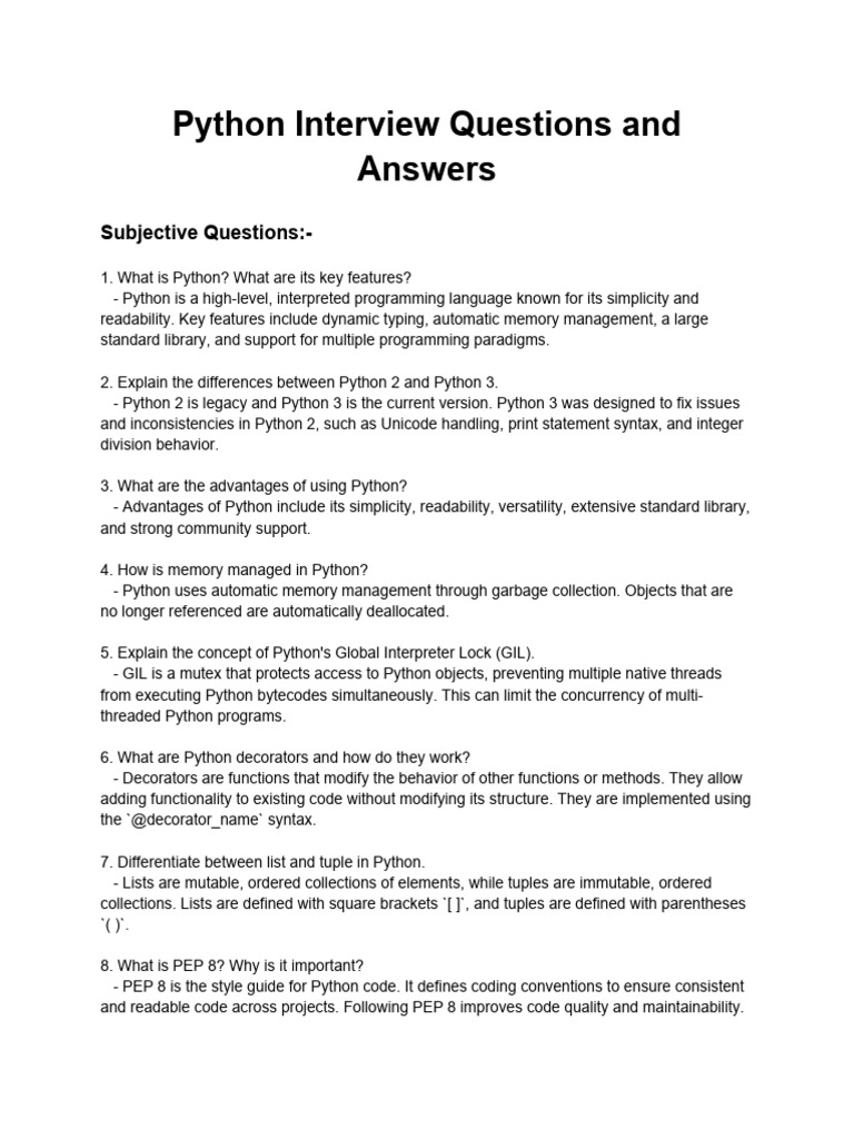 Python Interview Questions And Answers Download Free Pdf Python Programming Language