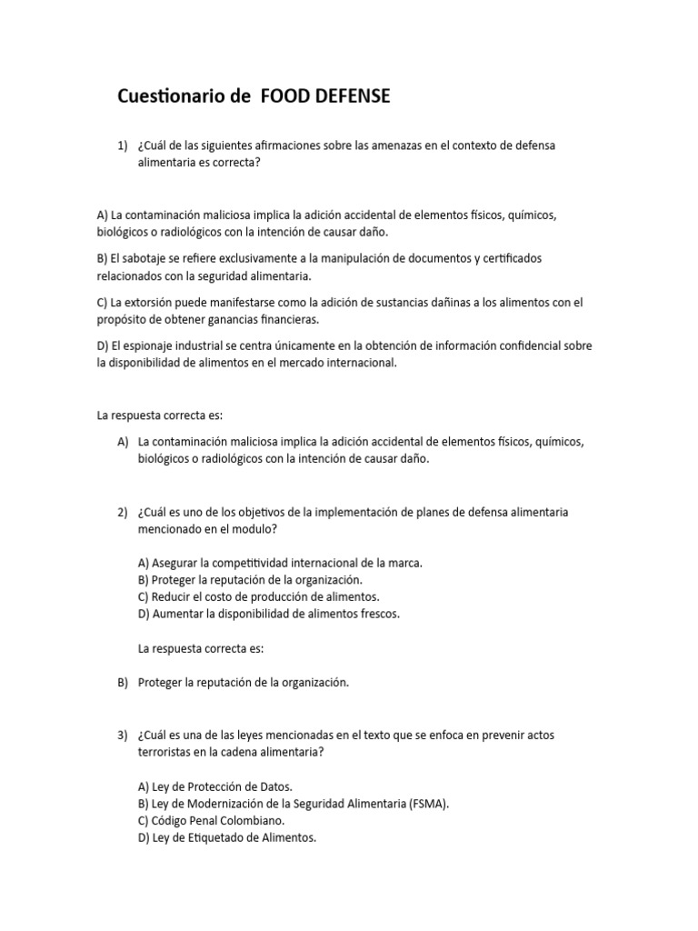 Cuestionario de FOOD DEFENSE | PDF | Seguridad alimenticia | Alimentos
