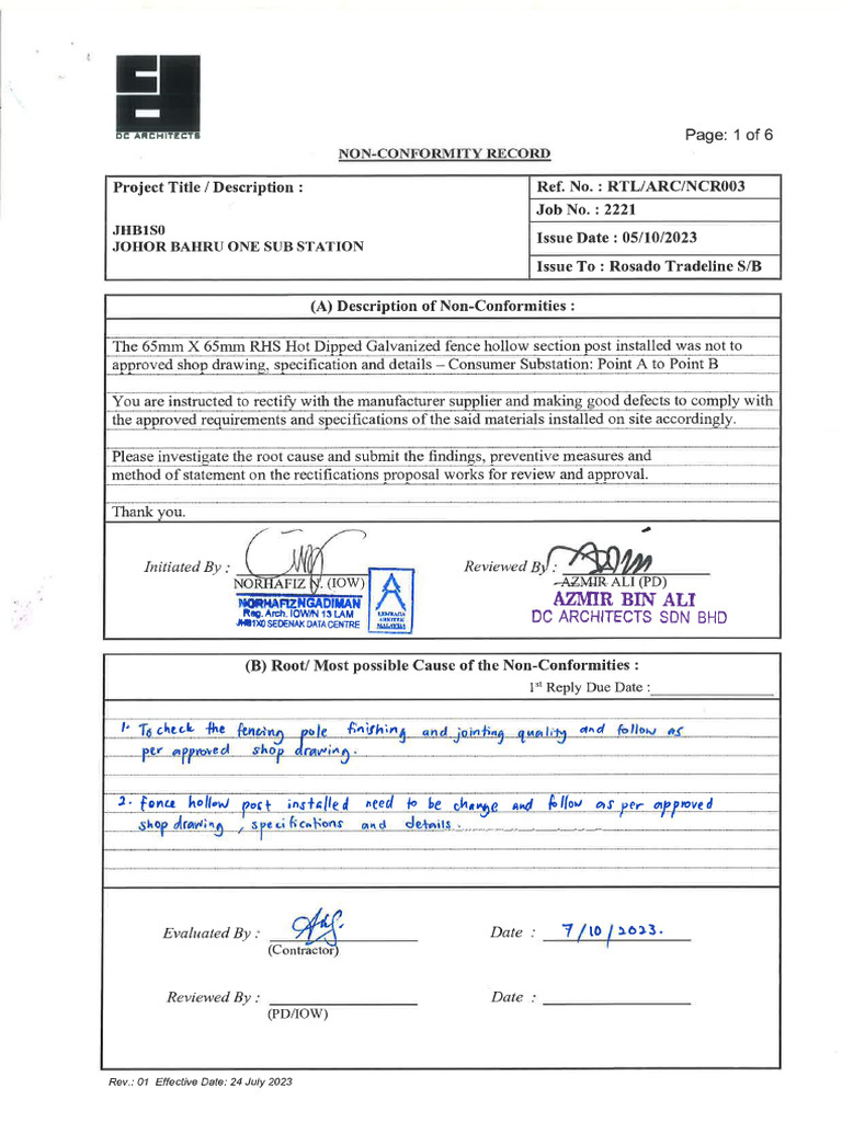 DCA NCR No.3 (Closed) | PDF