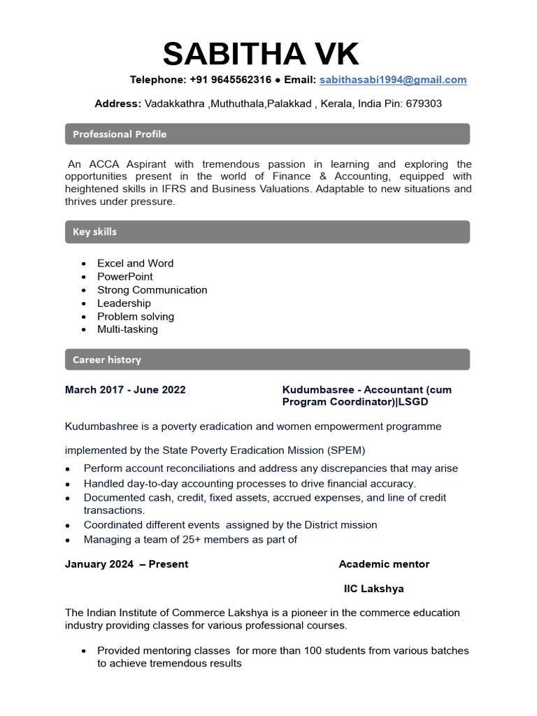 Sabitha VK Resume-2 | PDF | Accounting | Poverty Reduction
