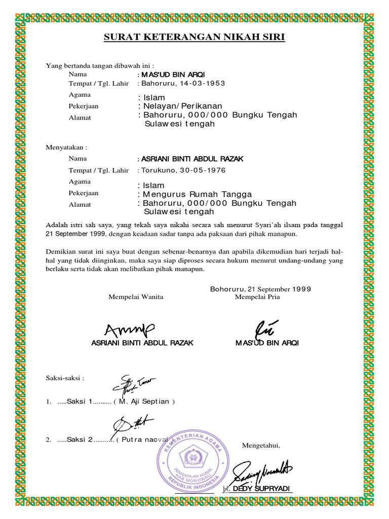 Surat Keterangan Nikah Siri Islam | PDF