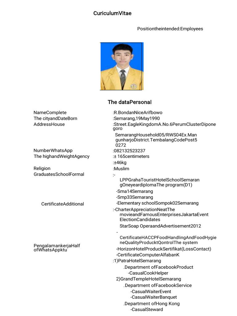 CV TERBARU BONDAN - Diterjemahkan | PDF