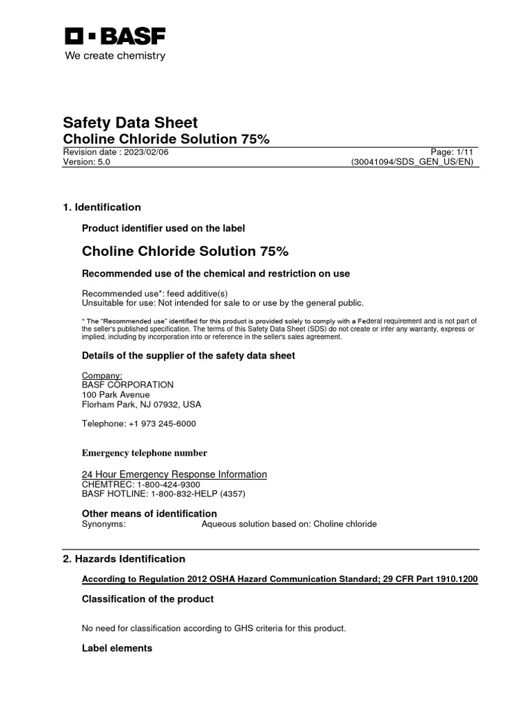 Choline+Chloride+75% 30041094 SDS GEN US en 5-0 | PDF | Toxicity ...