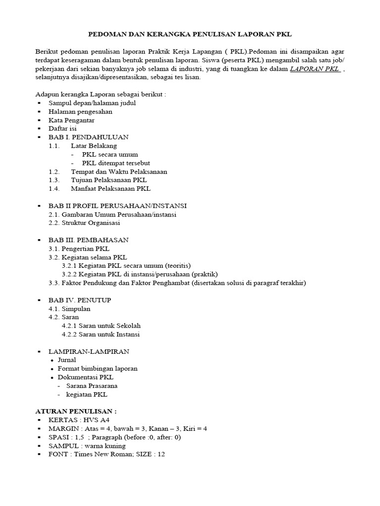 PEDOMAN DAN KERANGKA PENULISAN LAPORAN PKL-1 | PDF