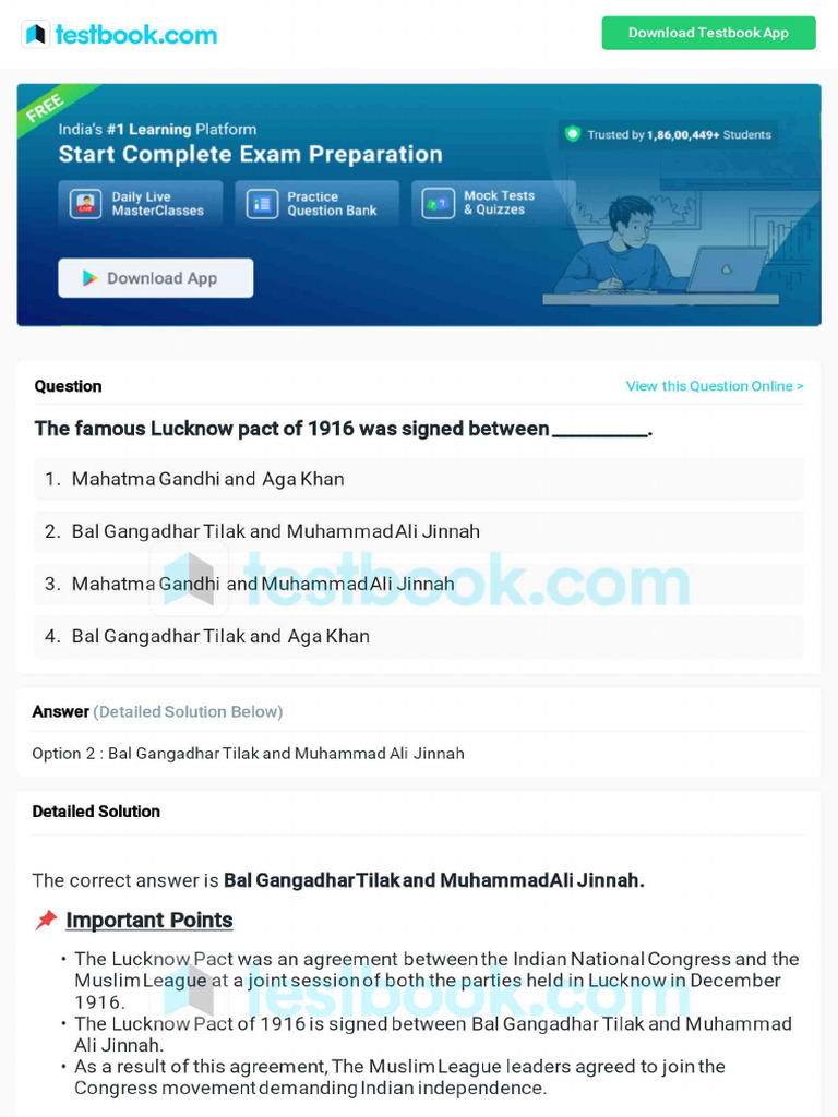 The Famous Lucknow Pact of 1916 Was Signed Between ...