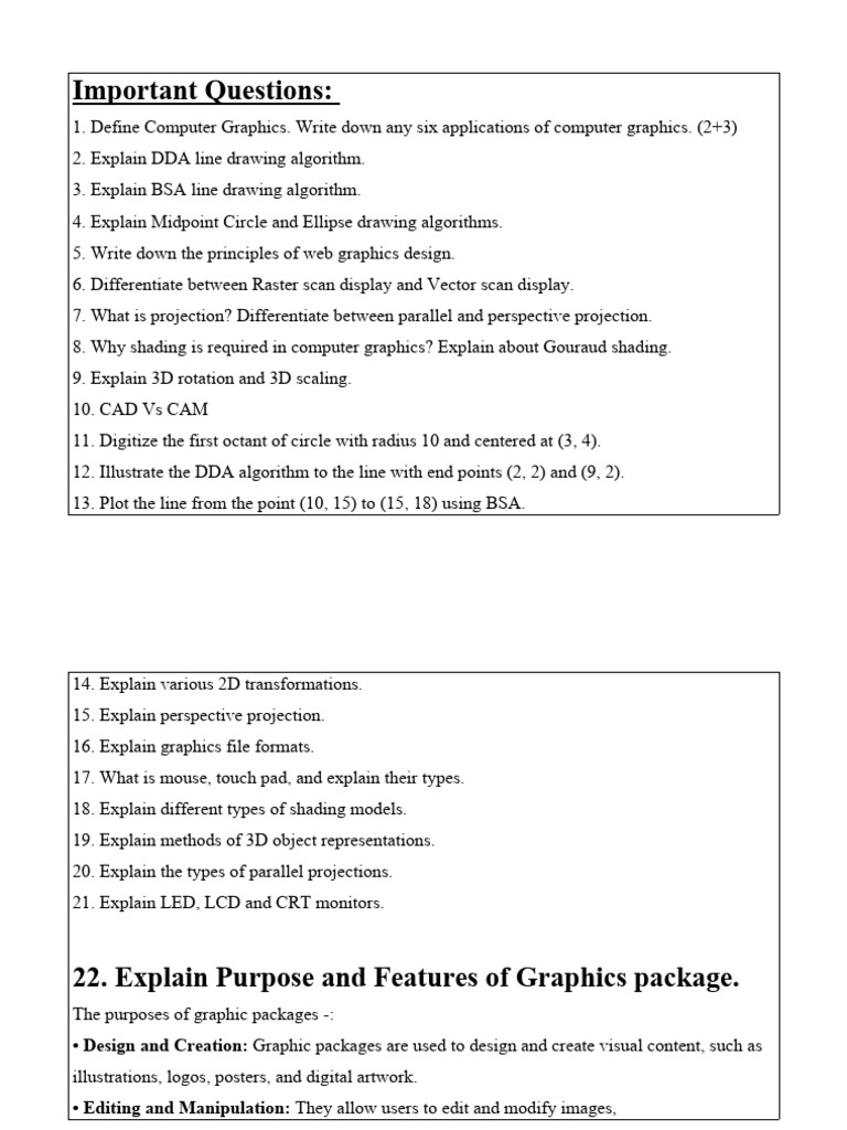 Important Questions | PDF | Graphics | 3 D Computer Graphics
