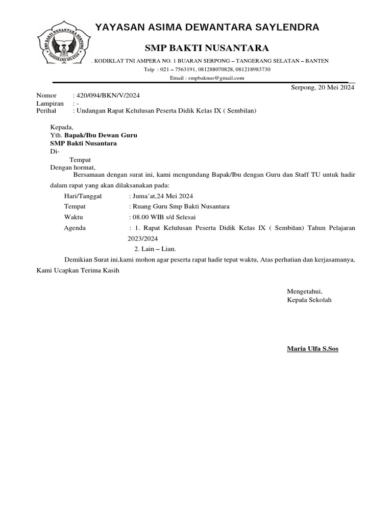 Surat Undangan Rapat Kelulusan SMP Bakti Nusantara TH 2023-2024 | PDF