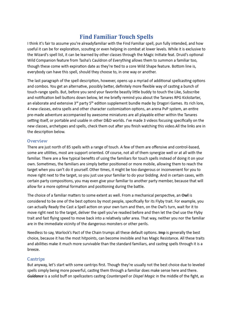 Find Familiar Touch Spells - Docx - Documenti Google | PDF | Role ...