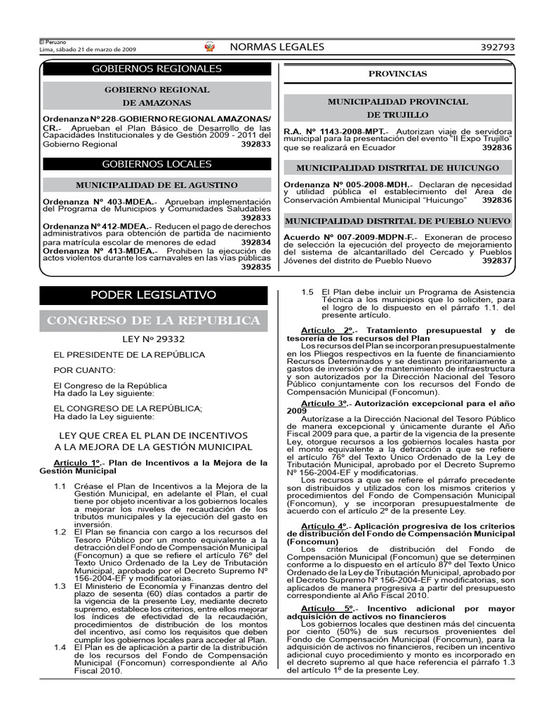 Ley 29332: Plan de Incentivos Municipales | PDF | Oficial general ...