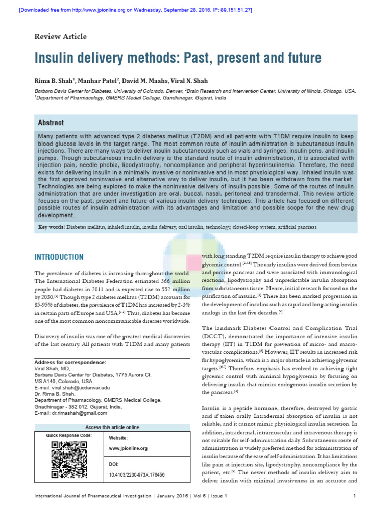 Insulin Delivery Methods Past Present and Future | PDF | Hypoglycemia ...