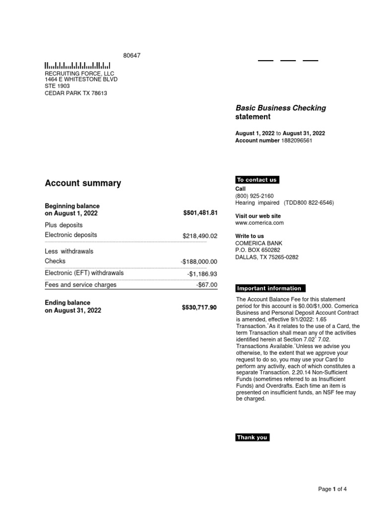 Aug Comerica Statement | PDF | Transaction Account | Overdraft