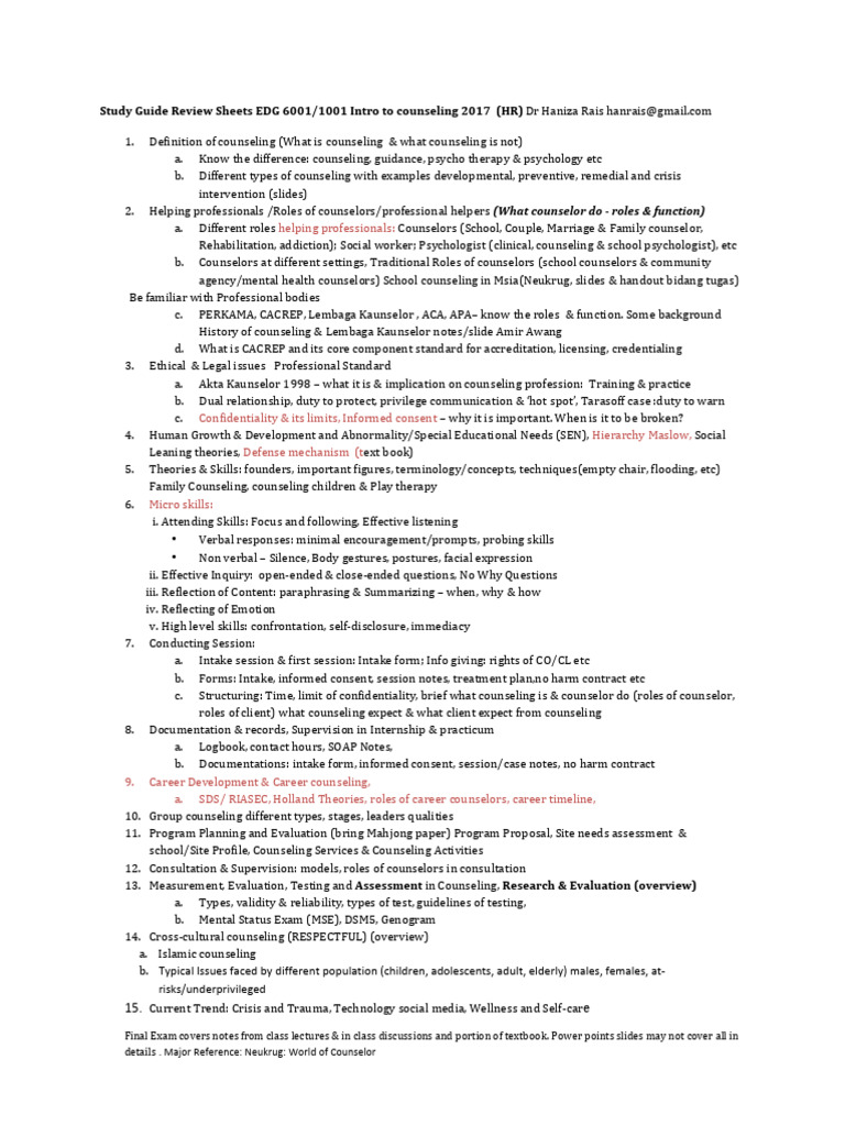 Edg 1001 6001 Intro To Counseling Study Guide Review Sheet 2017 | PDF ...