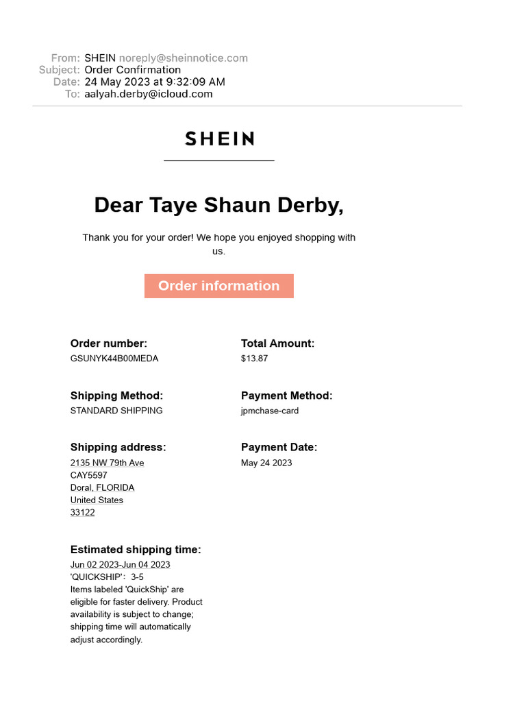 SHEIN Order Confirmation & Invoice Details | PDF | Payments