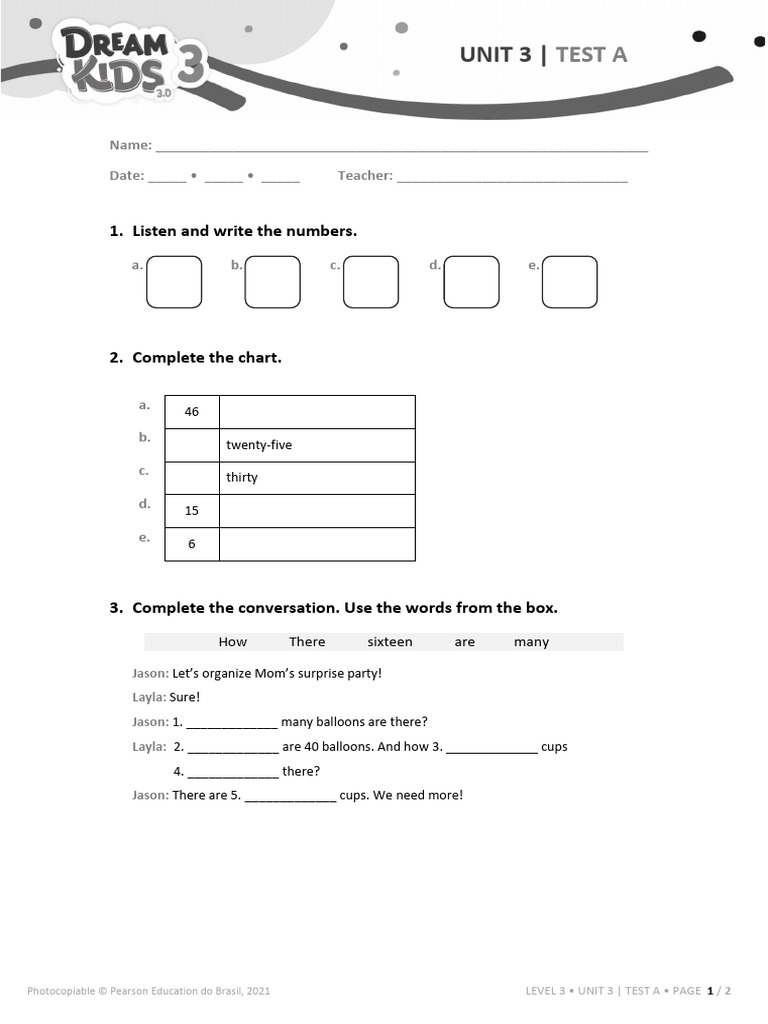 DreamKidsLevel3 PrintableTests 3A | PDF