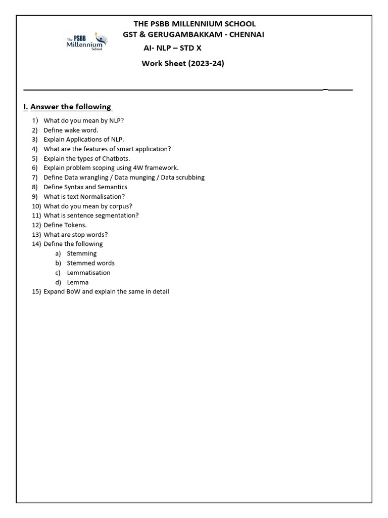 CLASS X AI NLP Worksheet1699377775 | PDF | Career & Growth | Computers