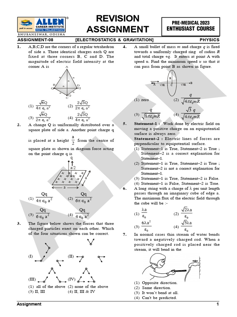 08 Asgmt-Neet - Phy-Electrostatics & Gravitation | PDF | Electric Field ...