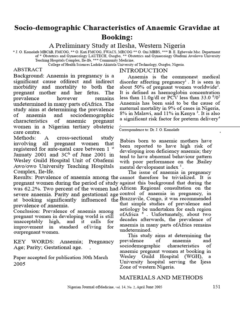 Sociodemographic Characteristic of Anaemic Gravidae at Booking - A ...