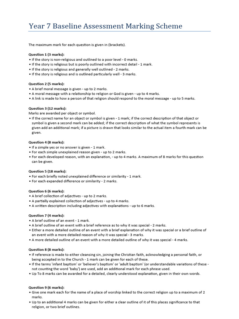 Year 7 Baseline Assessment Marking Scheme | Download Free PDF | Baptism | Heaven
