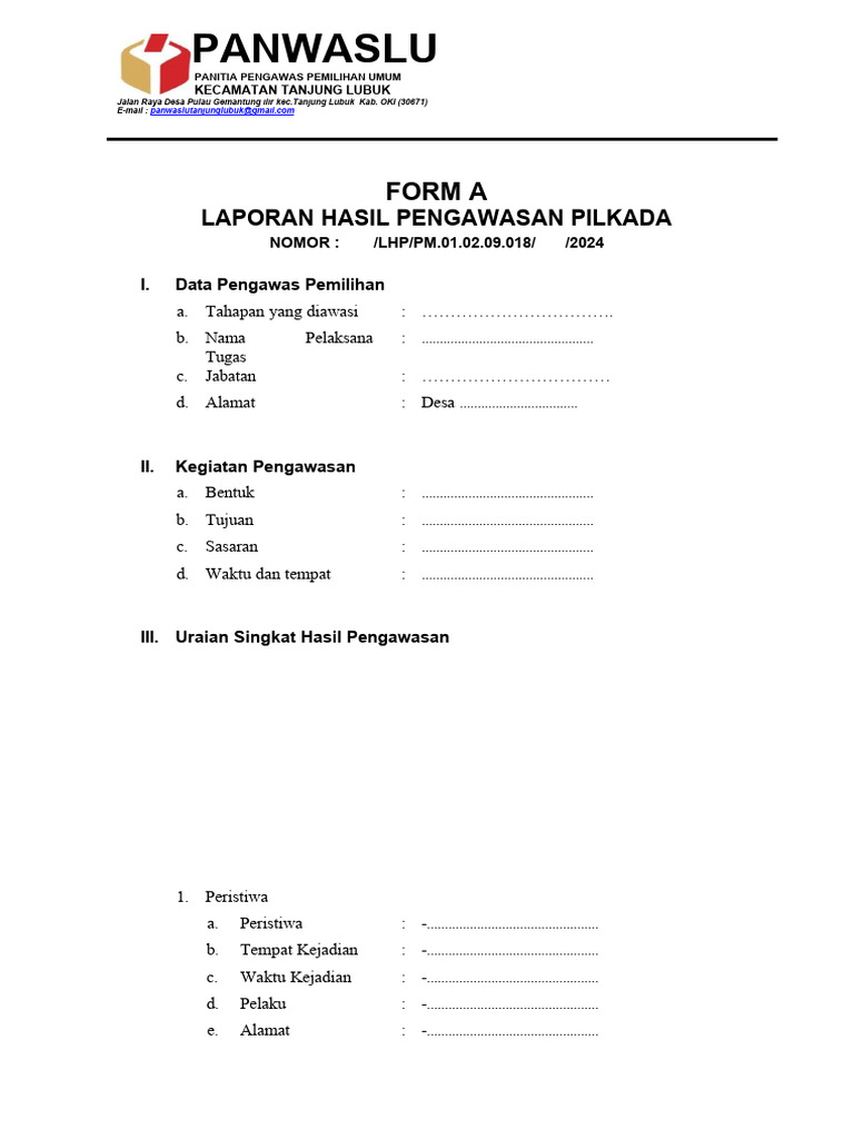 Form A Pengawasan Pilkada 2024 | PDF | Sains & Matematika