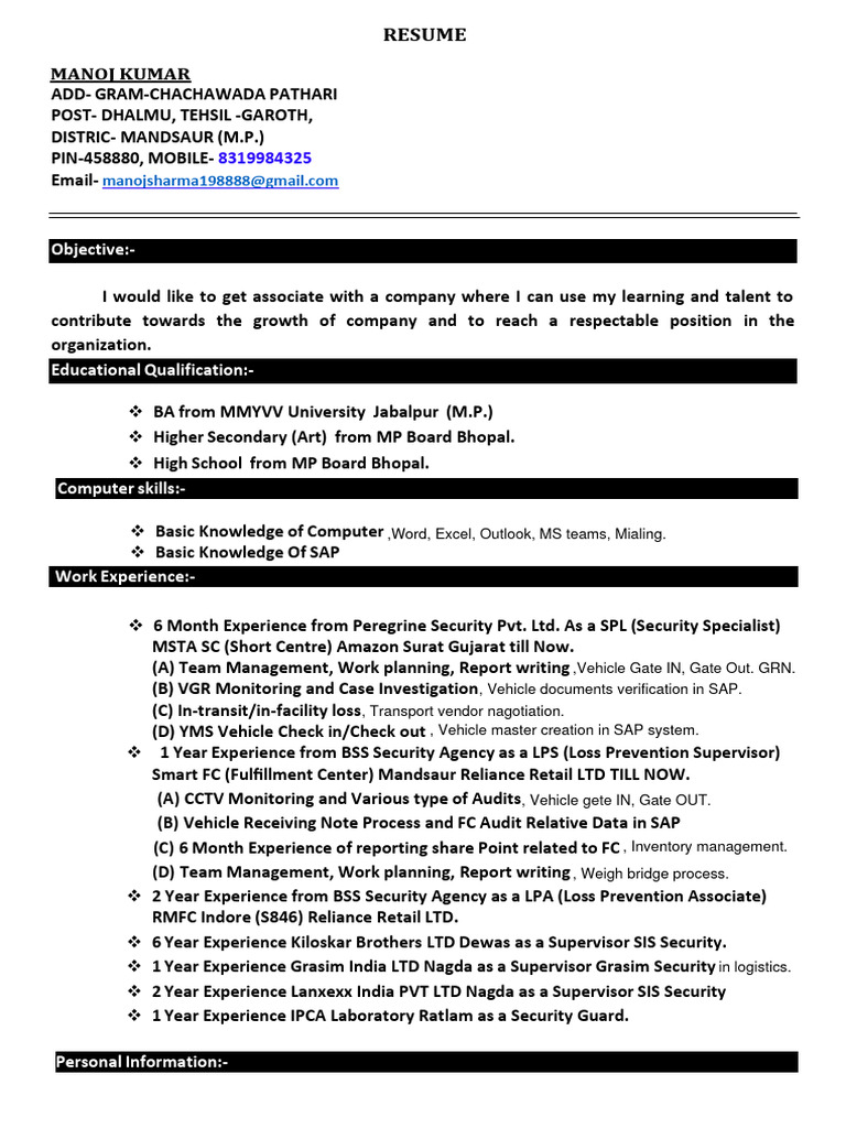 Manoj Sharma Resume | PDF