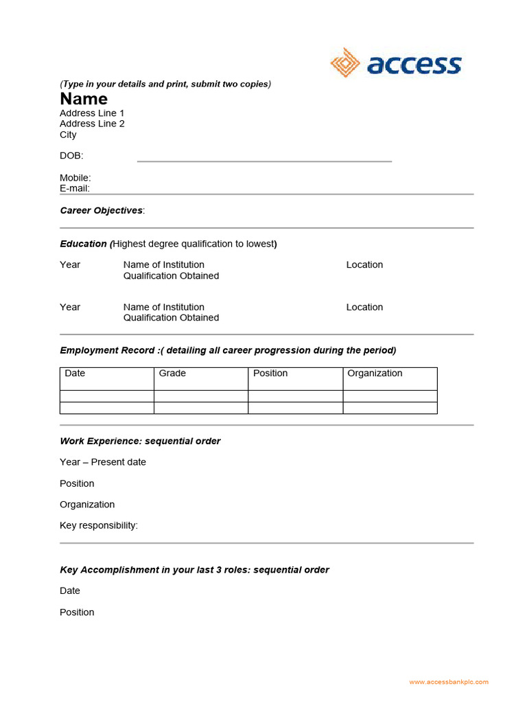 Access Bank Application Form Template | PDF