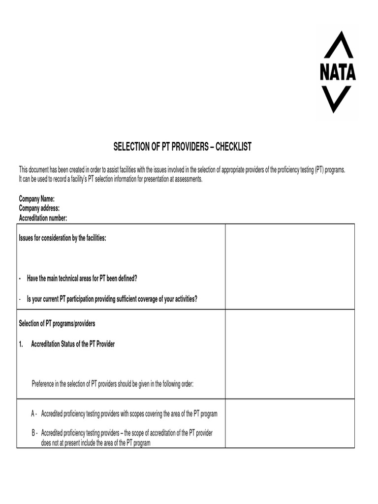 Selection of PT Providers Checklist August 2013 | PDF | Sampling ...