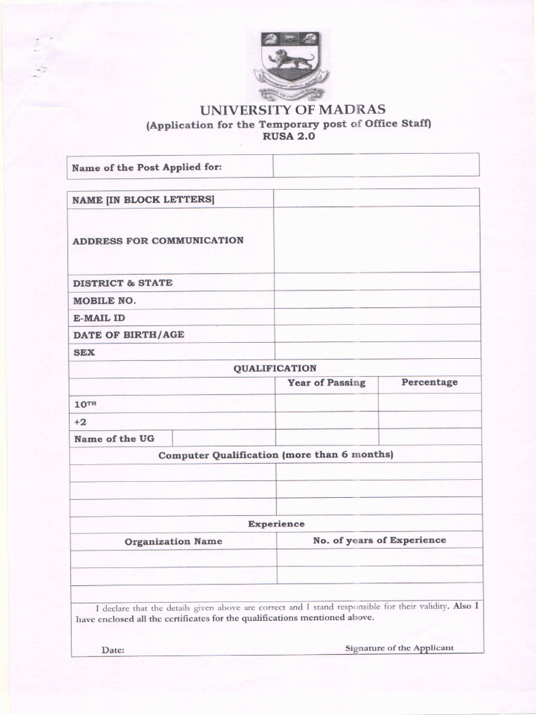 University of Madras Notification and Application Form For 13 Office ...