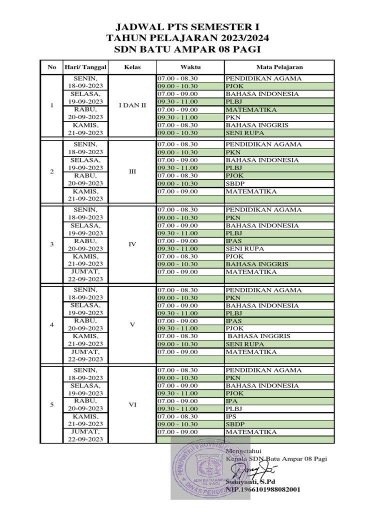 Jadwal PTS Semester | PDF