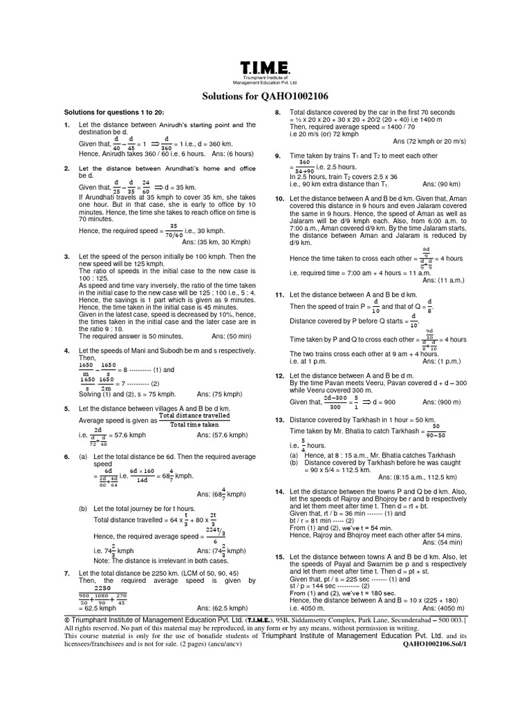 Time and Distance - I - Sol | PDF | Speed | Units Of Measurement