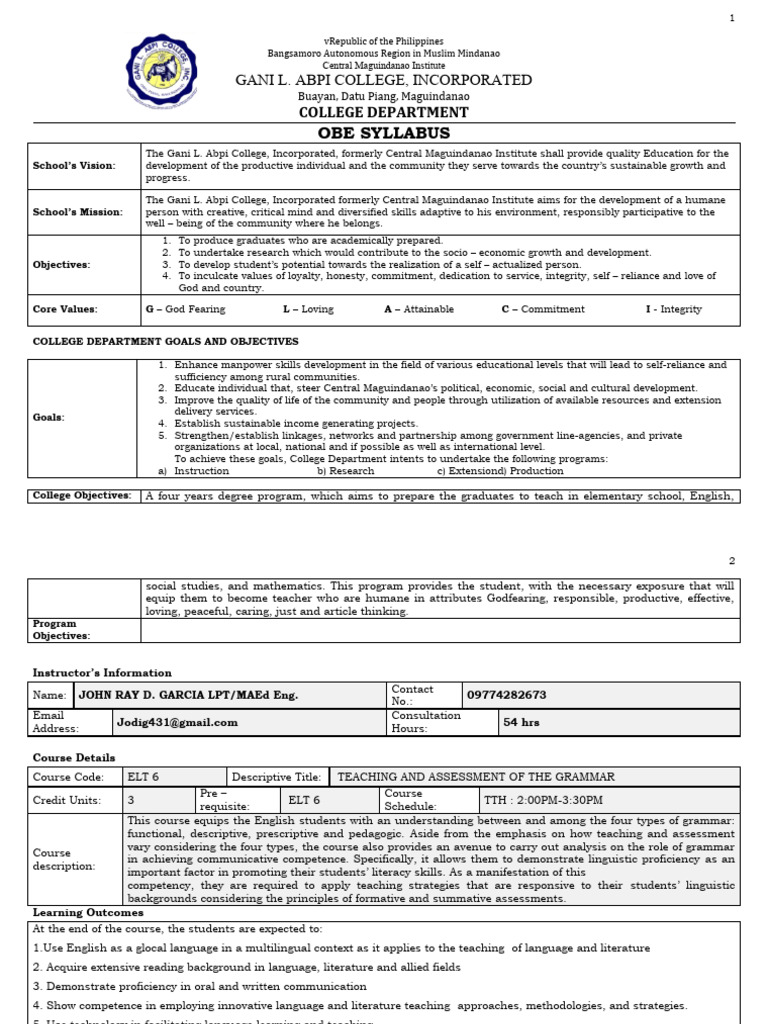 Elt 6 Obe Syllabus (Teaching and Assessment of Grammar) | PDF ... Elt 6 Obe Syllabus (Teaching and Assessment of Grammar) | PDF ...