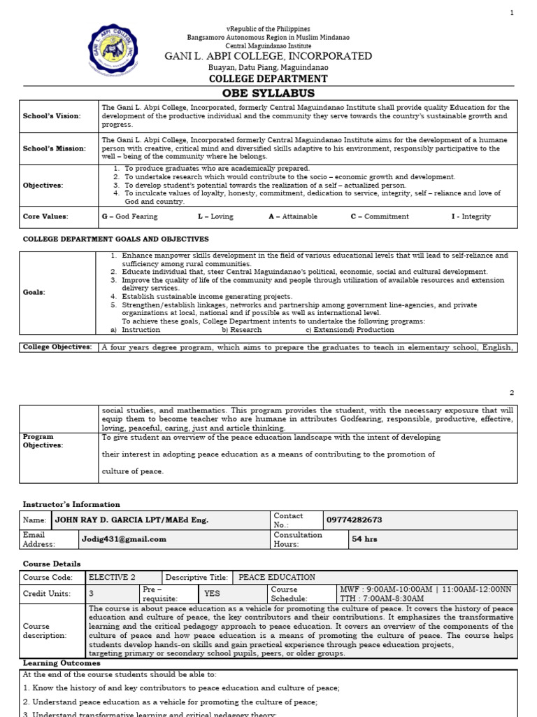 Elective 2 Obe Syllabus (Peace Education) | Download Free PDF | Pedagogy | Learning