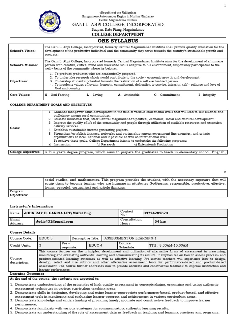 Educ 5 Obe Syllabus (Assessment On Learning 1) | PDF | Educational ...