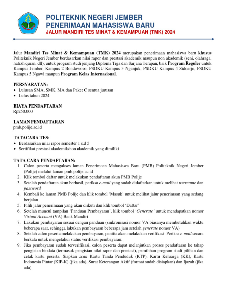 Informasi Pmb Polije Jalur Mandiri Tmk 2024 (Update) | PDF