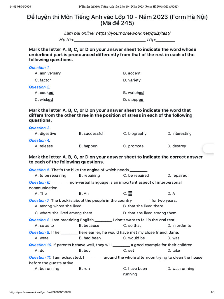 Đề Luyện Thi Môn Tiếng Anh Vào Lớp 10 - Năm 2023 (Form Hà Nội) (Mã Đề ...