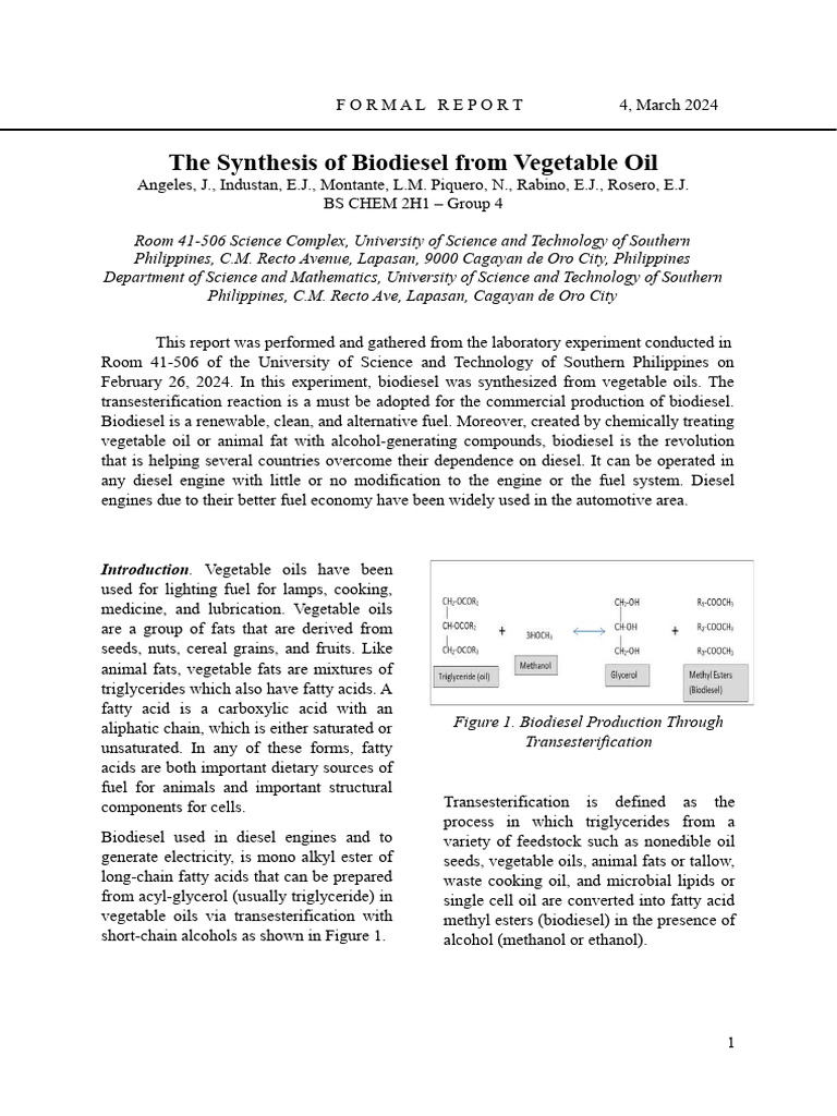 Act.2 The Synthesis of Biodiesel From Vegetable Oil - FORMAL REPORT - GROUP4 | PDF | Biodiesel ...