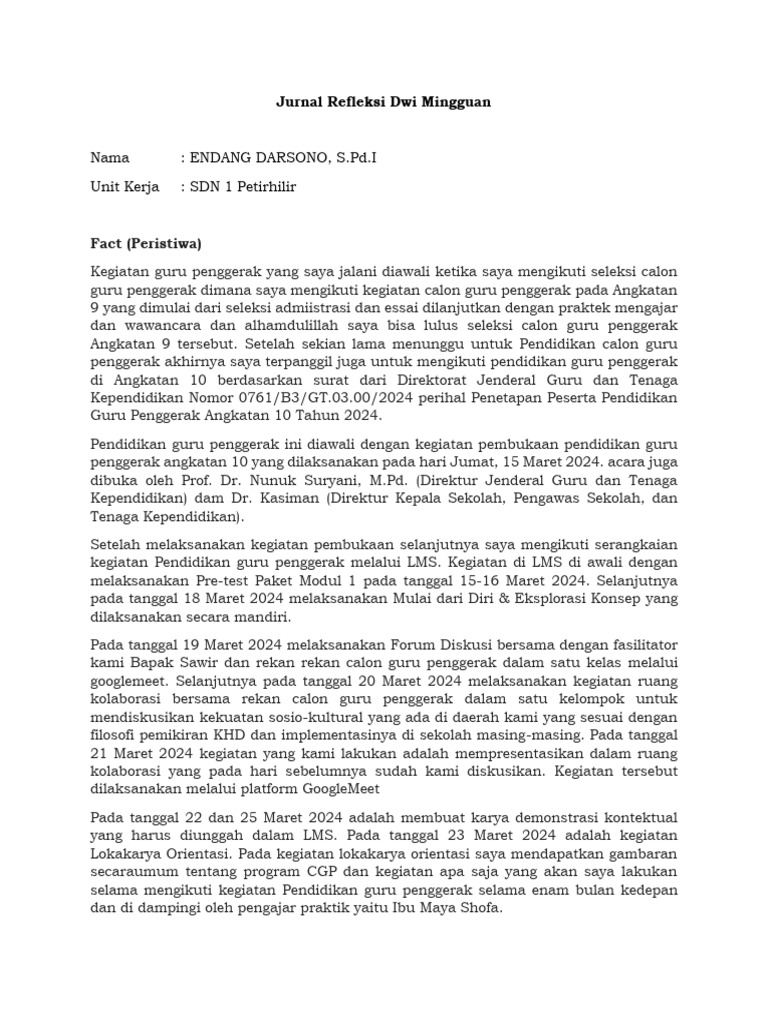 Jurnal Refleksi Dwi Mingguan CGP | PDF | Pengembangan Diri