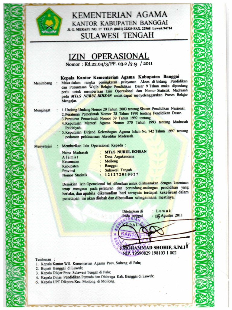 Ijin Operasional Mts | PDF