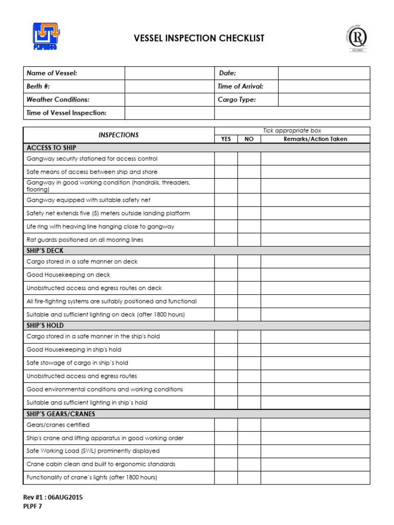 Vessel Inspection Checklist- Last Updated 06.08.15 | PDF | Dangerous ...