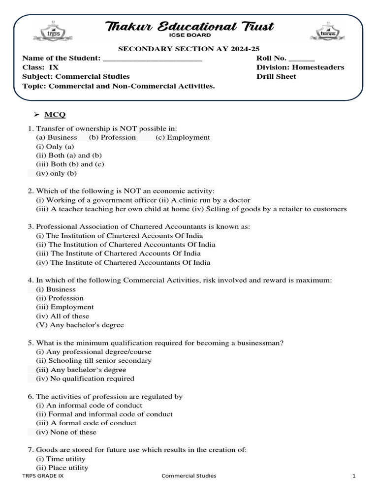 Commercial and Non Commercial Activities Drill Sheet | PDF | Business ...