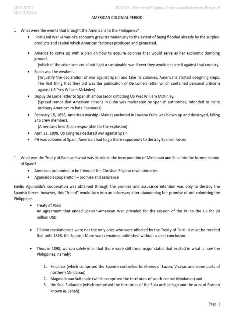 # Lecture Notes American Colonial Period | PDF | Philippines | Mindanao