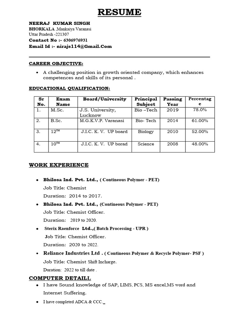 Neeraj Kumar Singh's Chemist Resume | PDF | Physical Sciences ...
