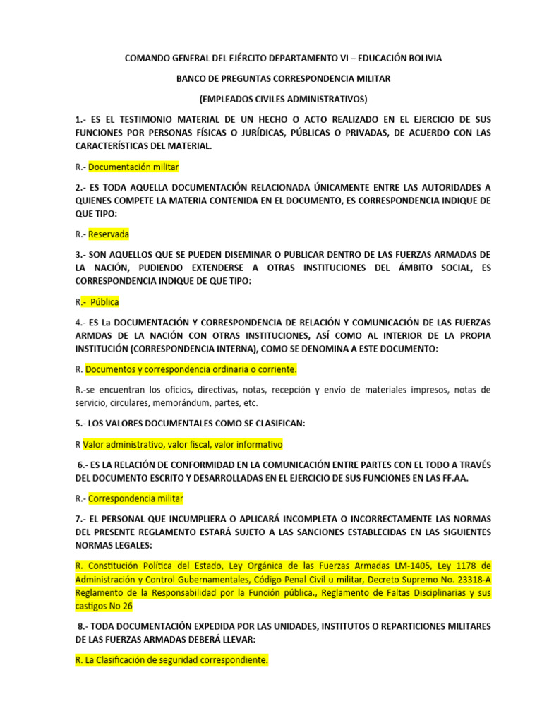Banco Pregunta Correspondencia Militar | PDF | Institución | Militar