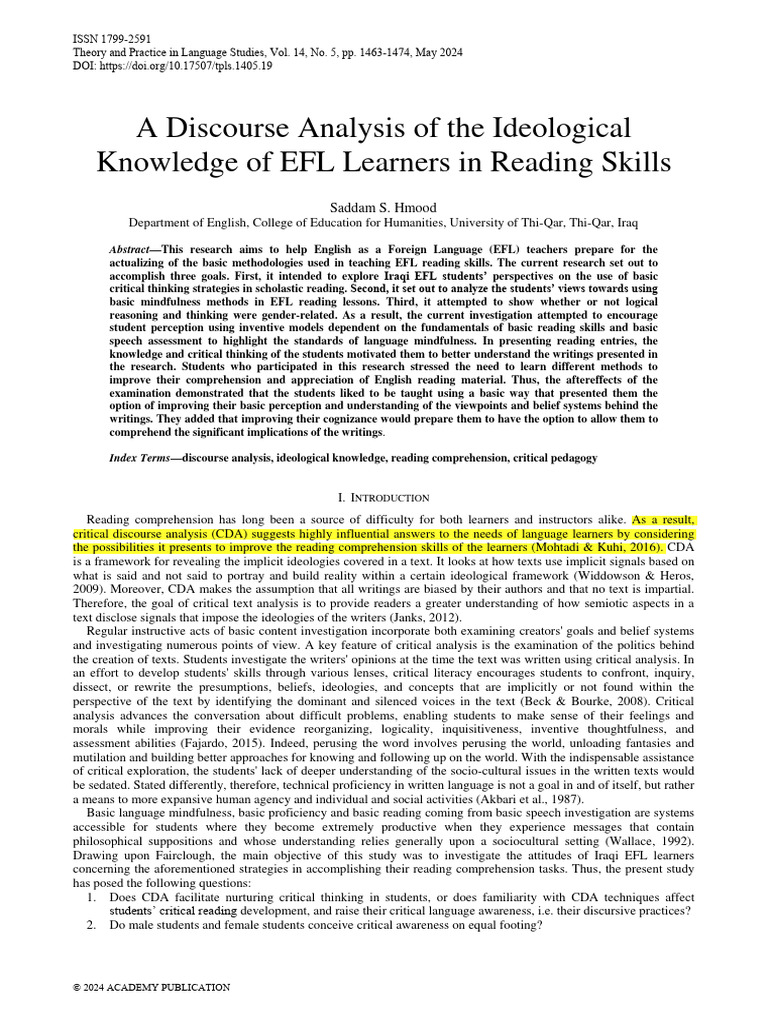 A Discourse Analysis of The Ideological Knowledge of EFL Learners in ...