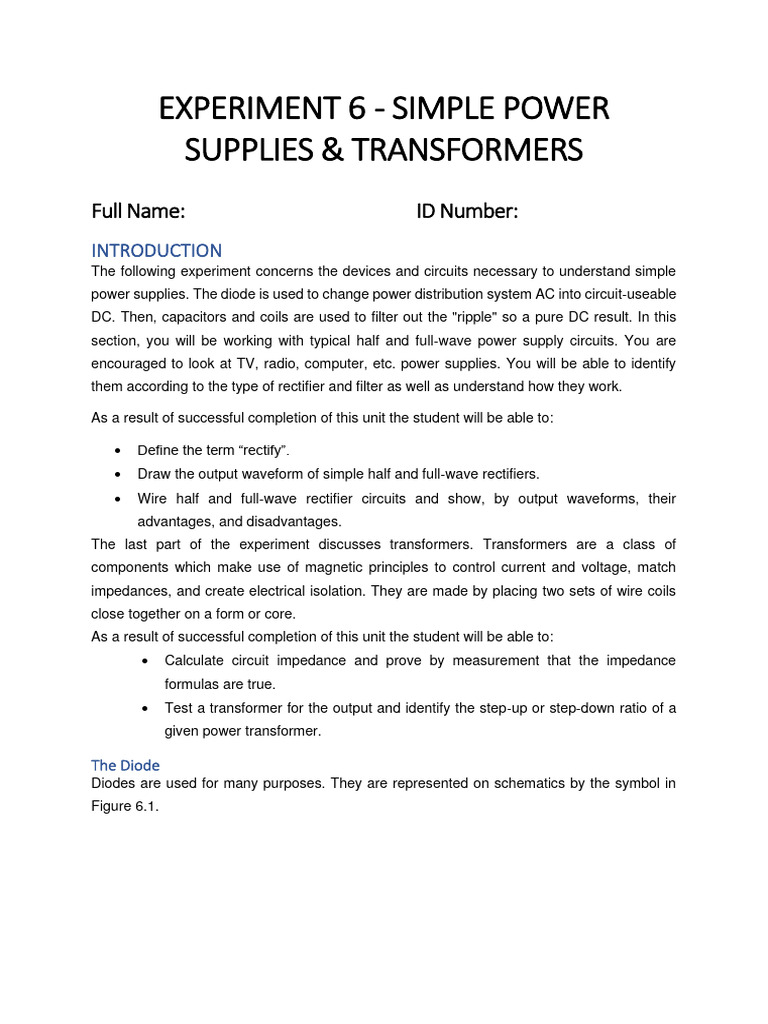 Experiment 6 | PDF | Rectifier | Power Supply