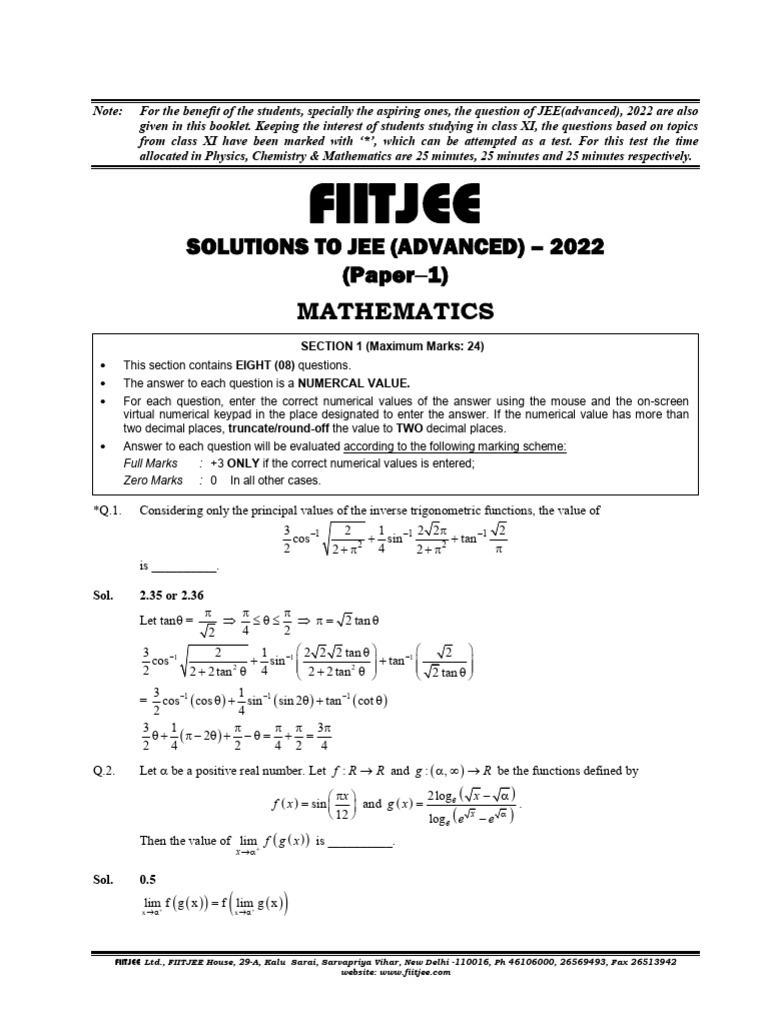 Fiitjee Solution - Jee Advanced 2022-Paper-1 | PDF | Function (Mathematics) | Numbers